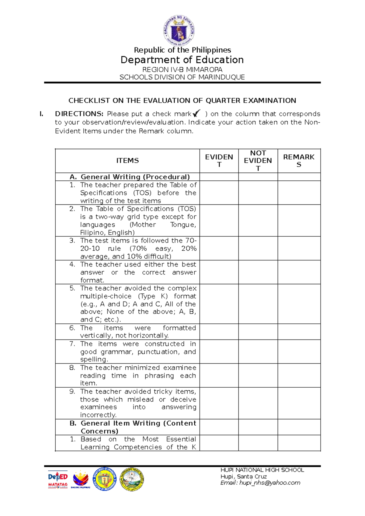 Checklist ON THE Evaluation OF Quarter Examination - Republic of the ...