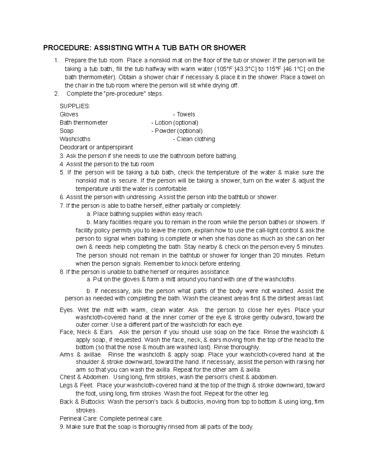 Procedure Assisting WITH A TUB BATH OR Shower - PROCEDURE: ASSISTING ...