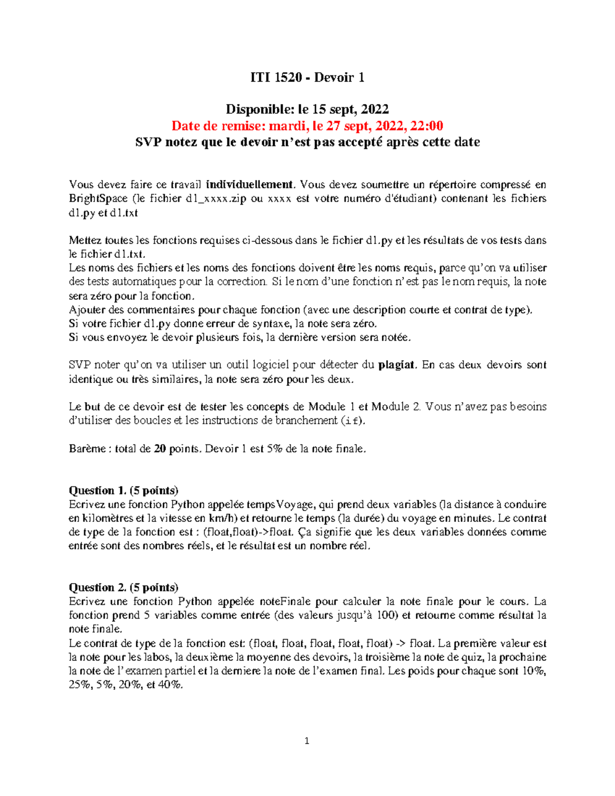 D11 - DEVOIR 1 SESSION Automne - 1 ITI 1520 - Devoir 1 Disponible: le ...