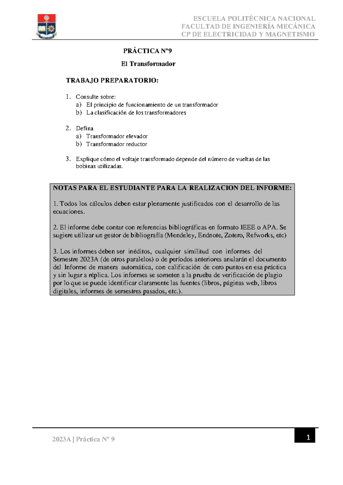 Guía P9 EM 2023B - documento - PRÁCTICA Nº 9 El Transformador TRABAJO PREPARATORIO: Consulte ...