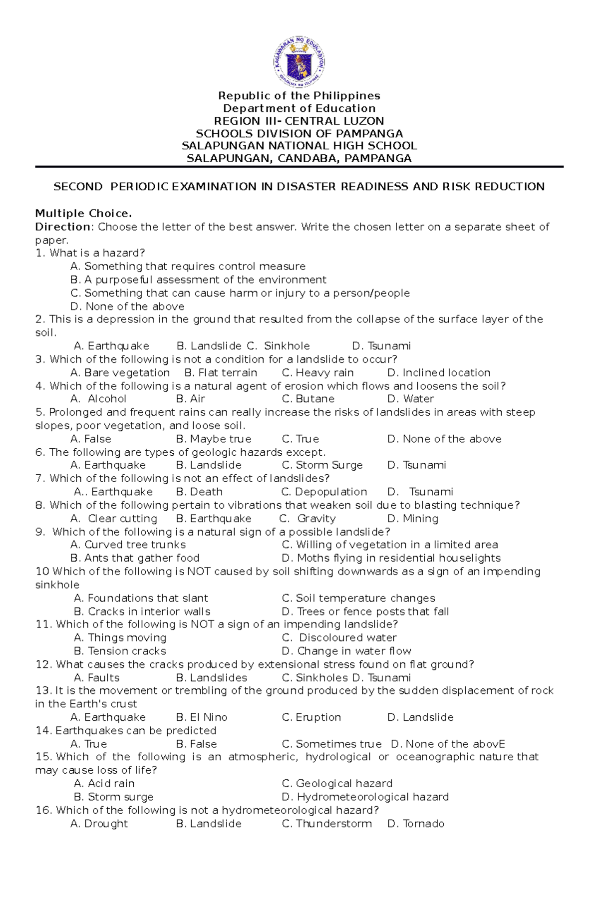 2ND Periodic TEST drrr - final exam - Republic of the Philippines ...