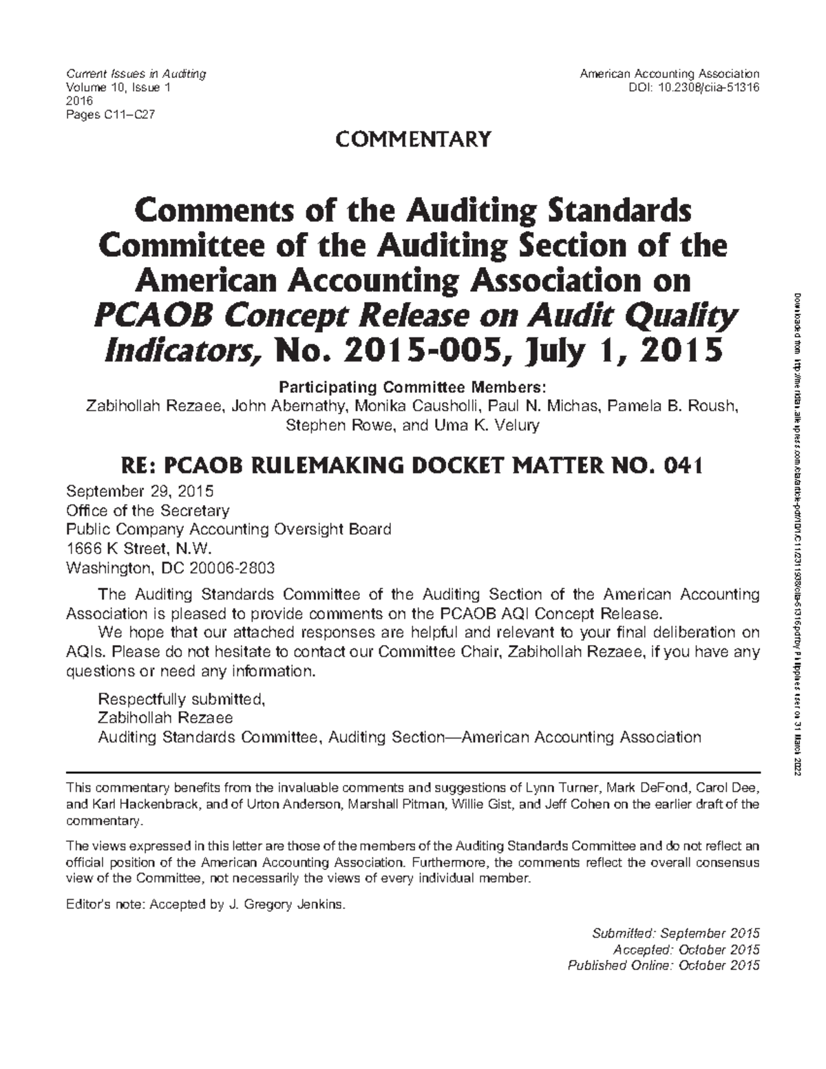 Comments of the Auditing Standards Committee of the Auditing Section of ...
