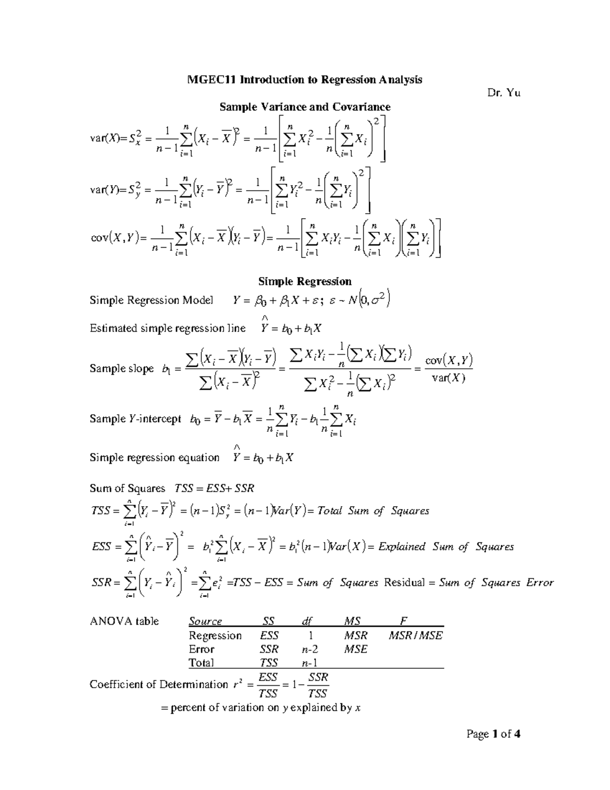 Regression Formula in MGEC11 - MGEC11 Introduction to Regression Analysis Dr. Yu Sample Variance ...