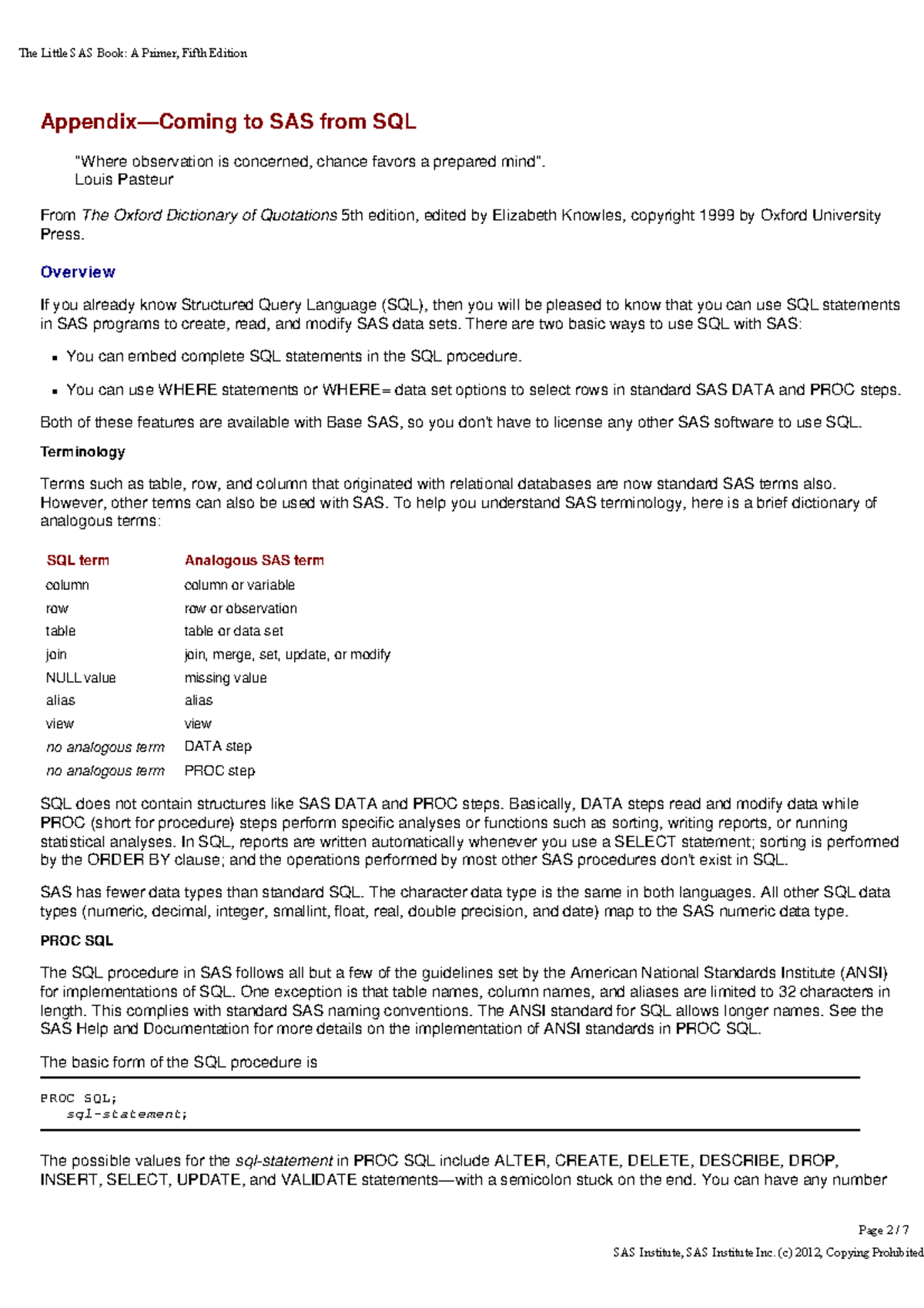 00 Appendix Coming to SAS from SQL - Appendix—Coming to SAS from SQL "Where observation is - Studocu