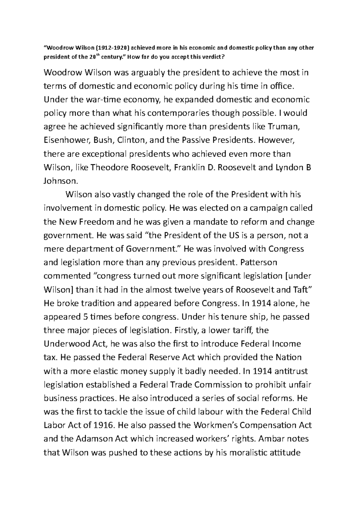 american president Wilson domestic and economic notes - “Woodrow Wilson ...