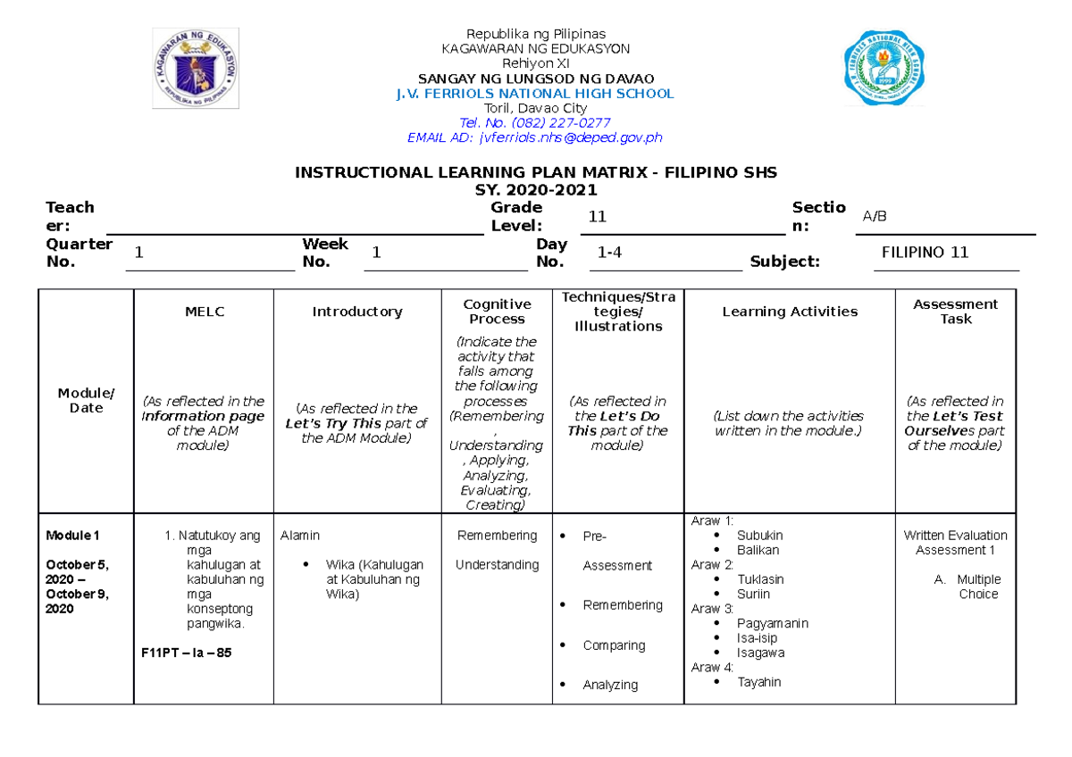 Filipino 11 ILP Q1 Sem1 - Republika ng Pilipinas KAGAWARAN NG EDUKASYON ...