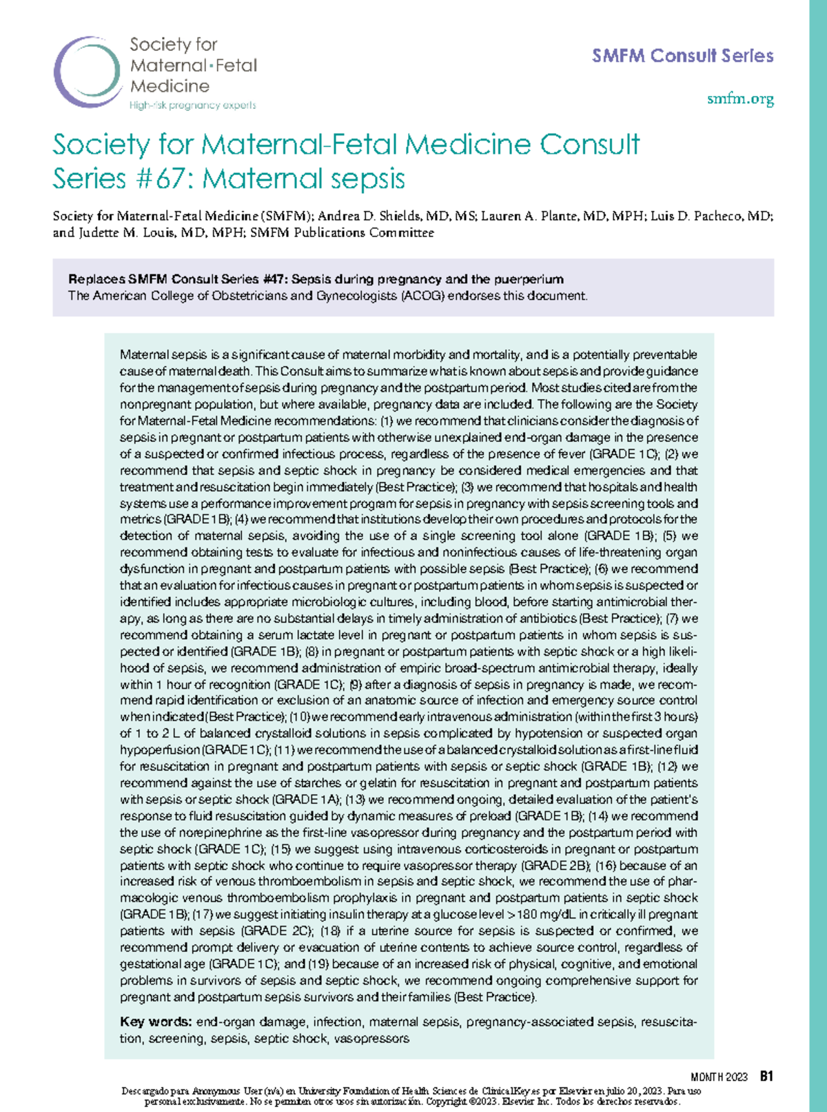 Sepsis Materna - 123 - Society for Maternal-Fetal Medicine Consult ...