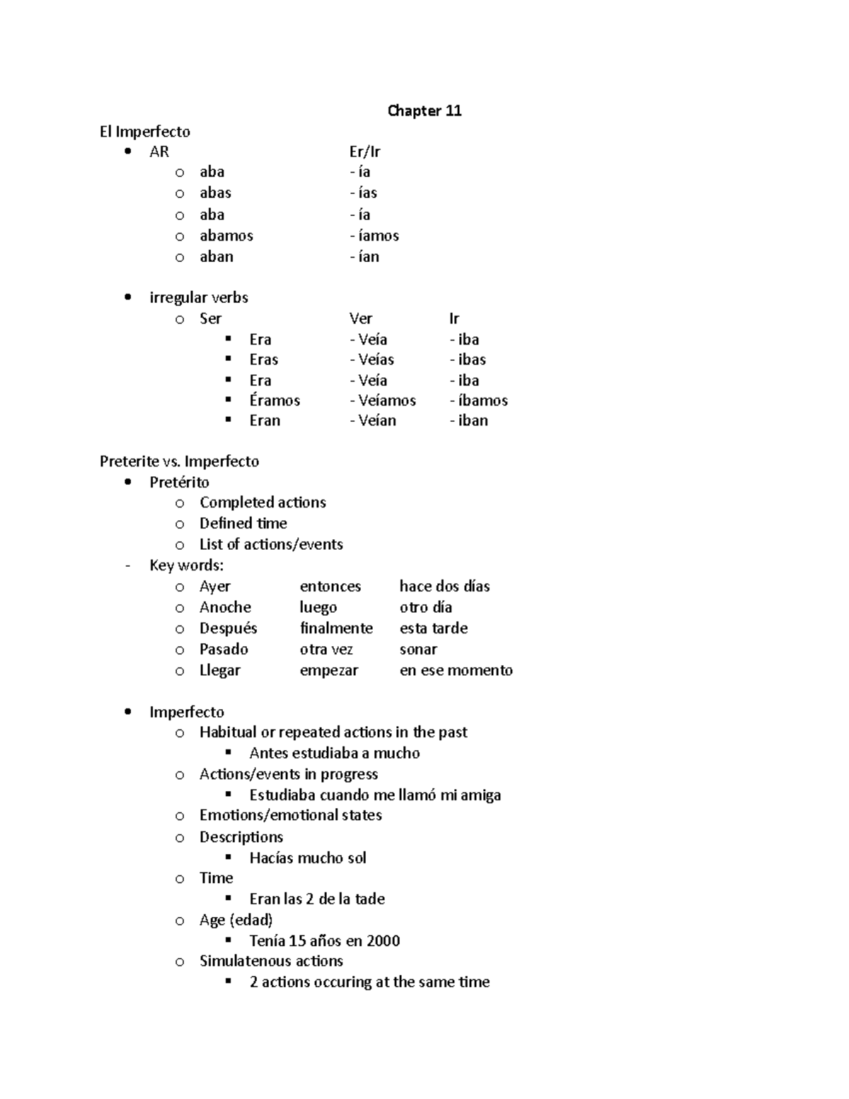 Chapter 11 - Lecture notes 11 - Chapter 11 El Imperfecto AR Er/Ir o aba ...