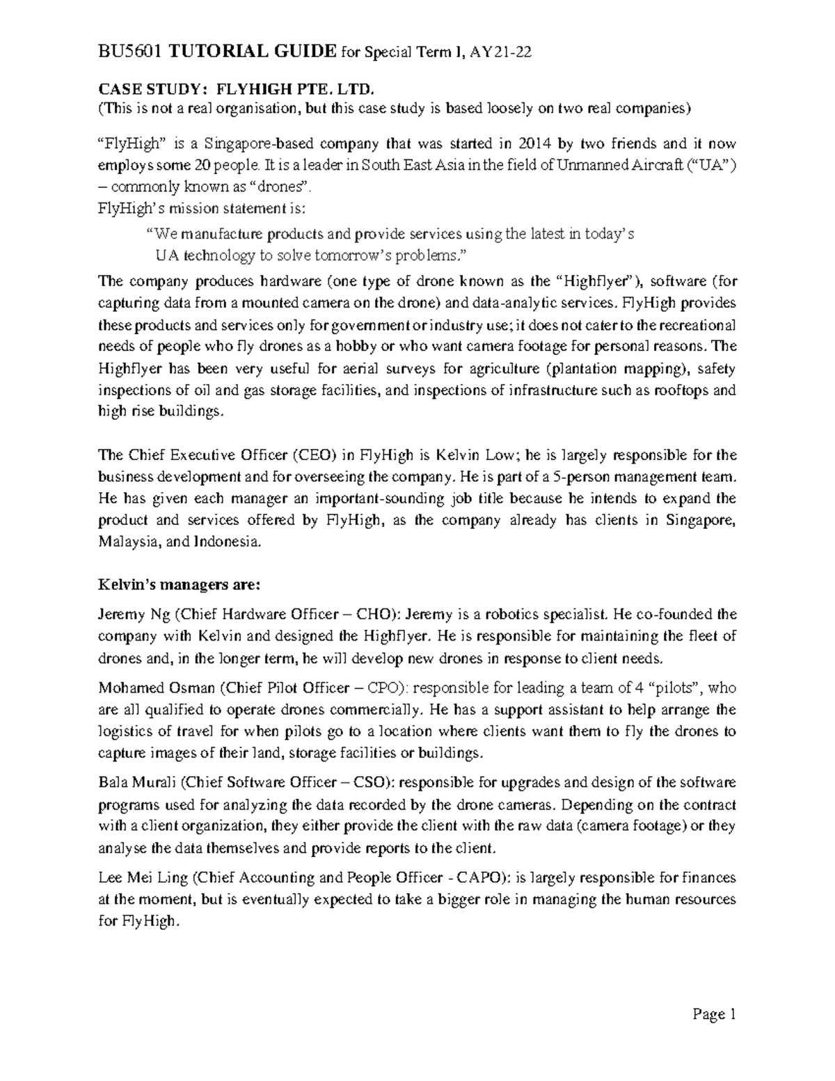 BU5601 - Tutorial Questions for Special Term I AY21 22 - CASE STUDY: FLYHIGH PTE. LTD. (This is ...
