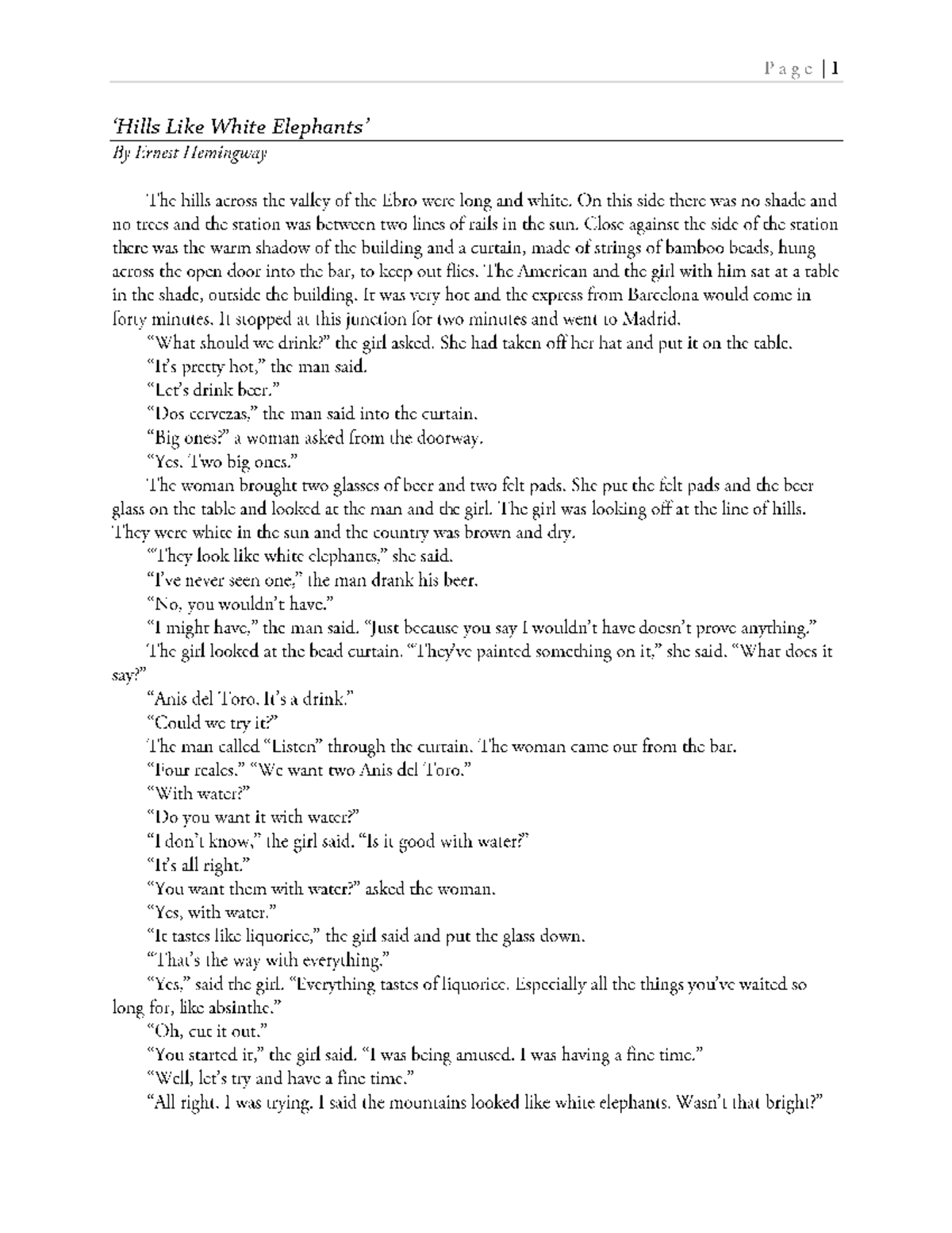 ‘Hills Like White Elephants’ - ENG1100 - Studocu