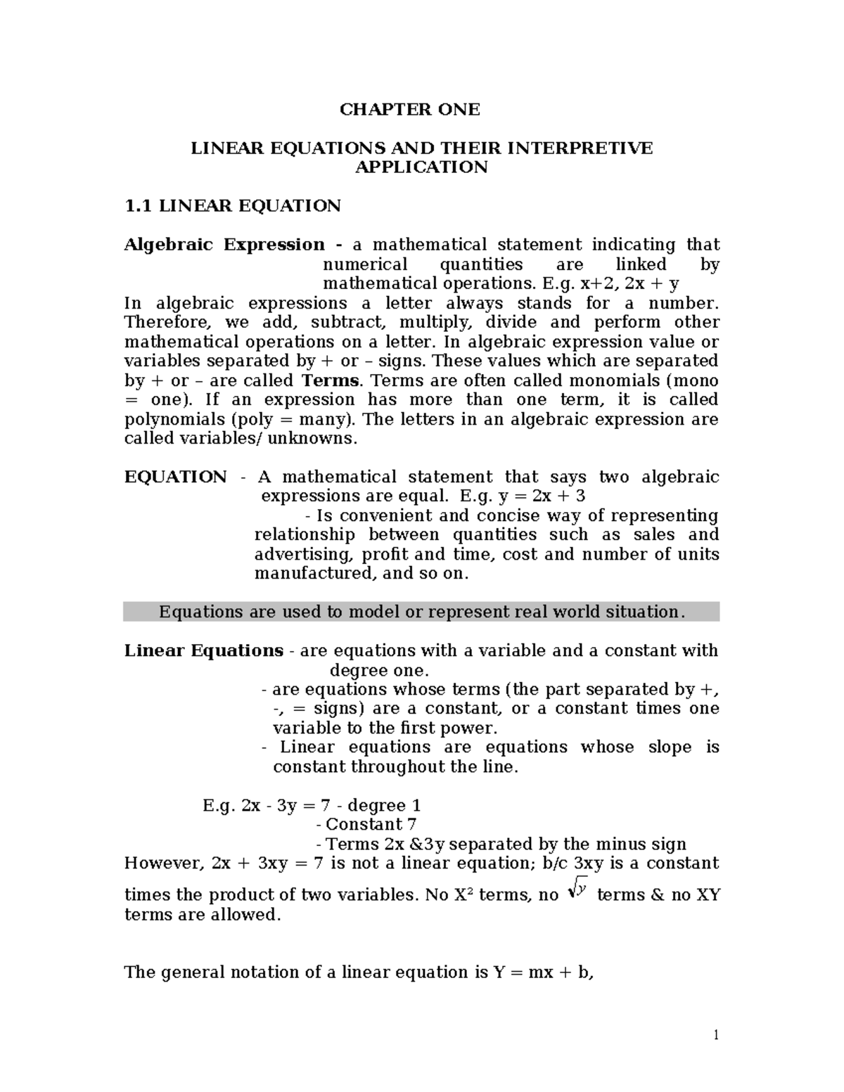 CH-I - CHAPTER ONE LINEAR EQUATIONS AND THEIR INTERPRETIVE APPLICATION ...
