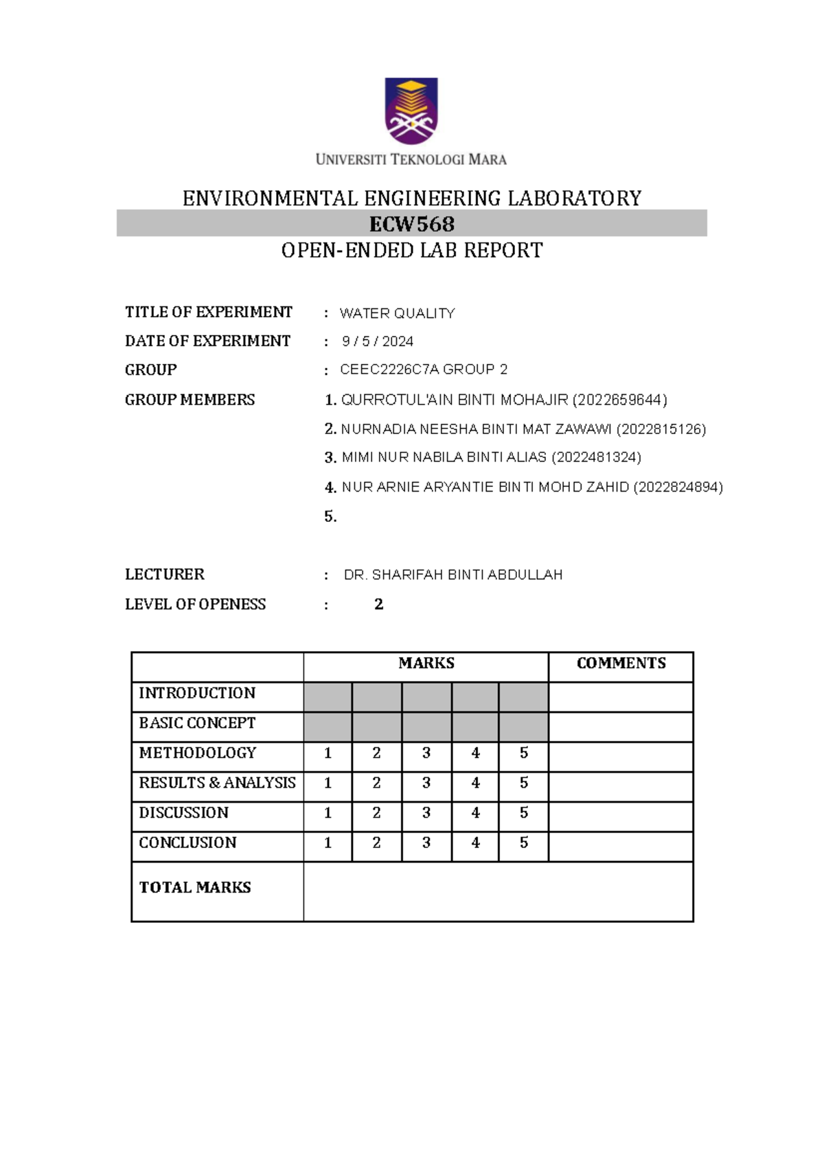 Group 2 Water Quality ECW568 CEEC2226C7A - ENVIRONMENTAL ENGINEERING ...