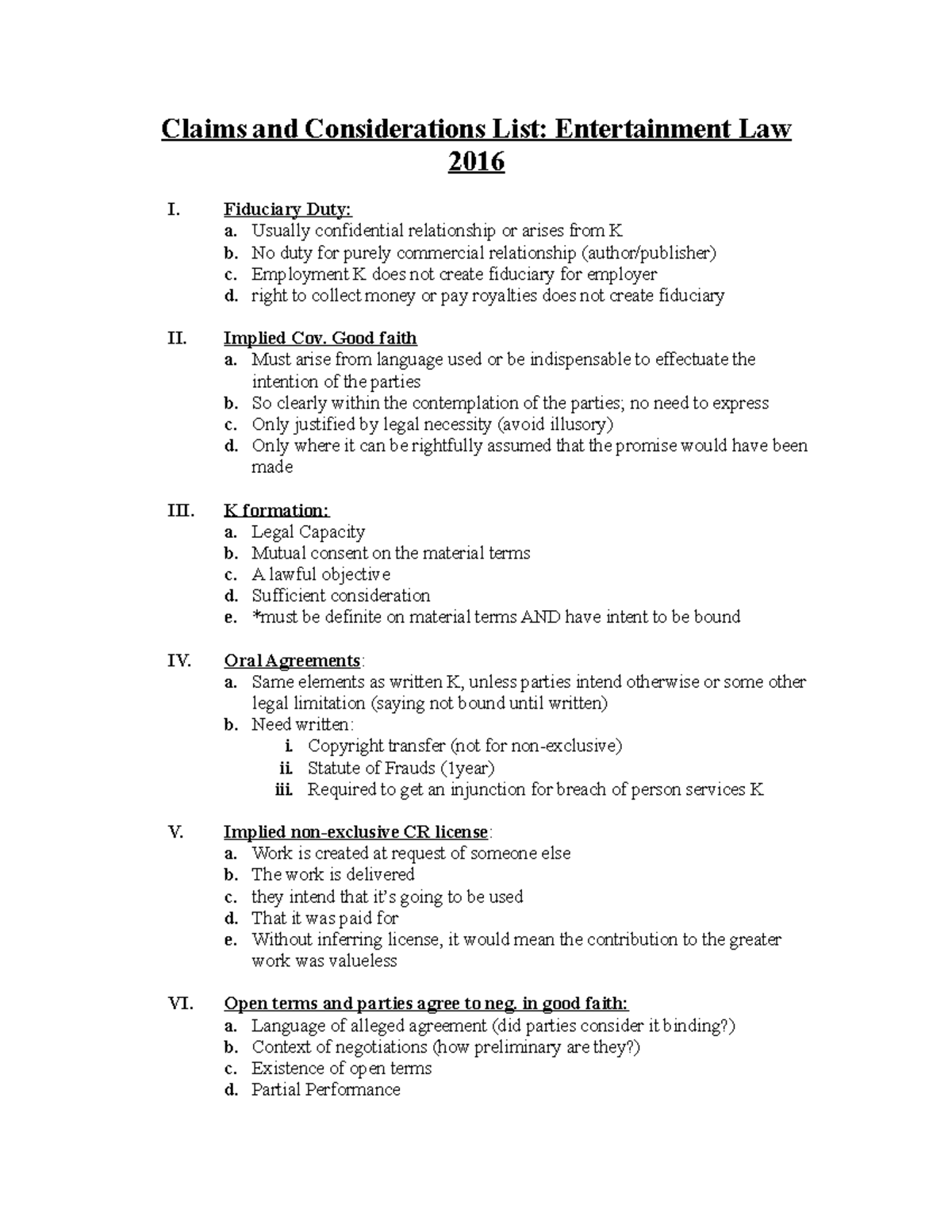 Entertainment Law Outline - Claims and Considerations List ...