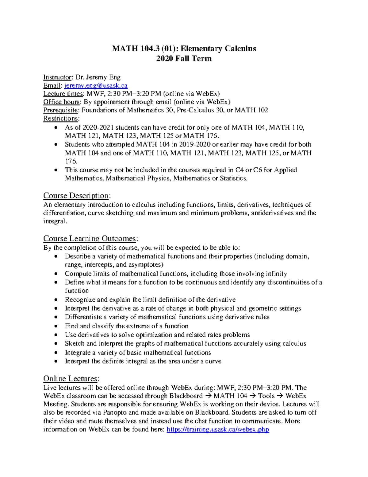 MATH-104(01)-Syllabus - MATH 1 04 .3 (0 1 ): Elementary Calculus 2020 ...