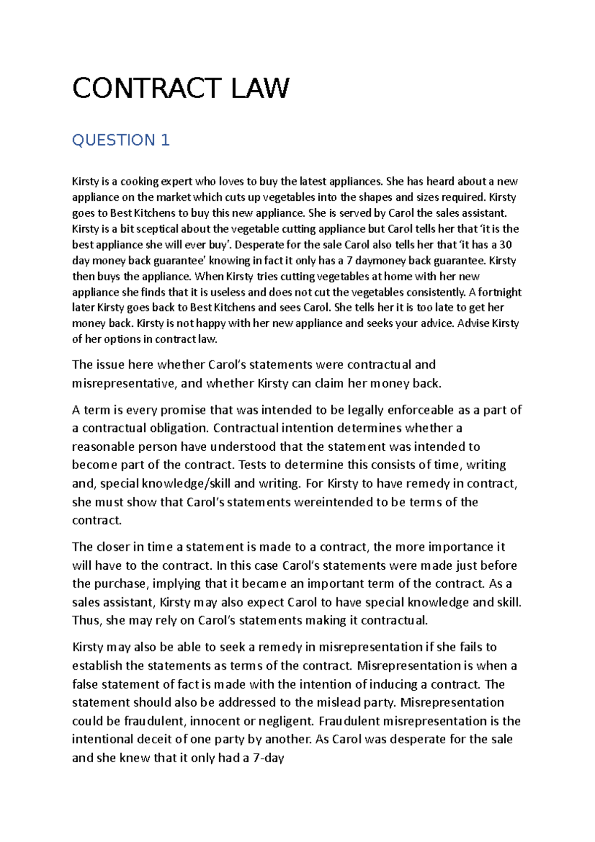 Contract LAW - exam pratice questions - CONTRACT LAW QUESTION 1 Kirsty ...