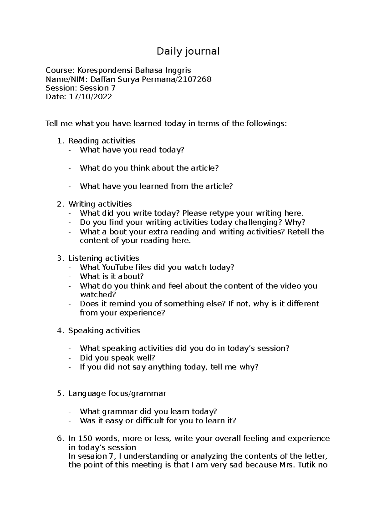 Daily journal at English Course to reflect student's understanding ...