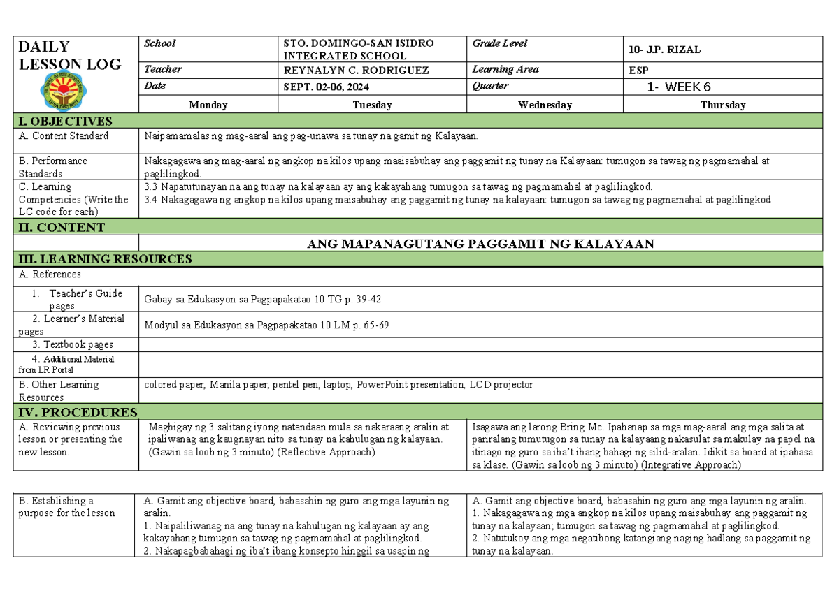WEEK 6 ESP 10 DLL QUARTER 1 - DAILY LESSON LOG School STO. DOMINGO-SAN ISIDRO INTEGRATED SCHOOL ...