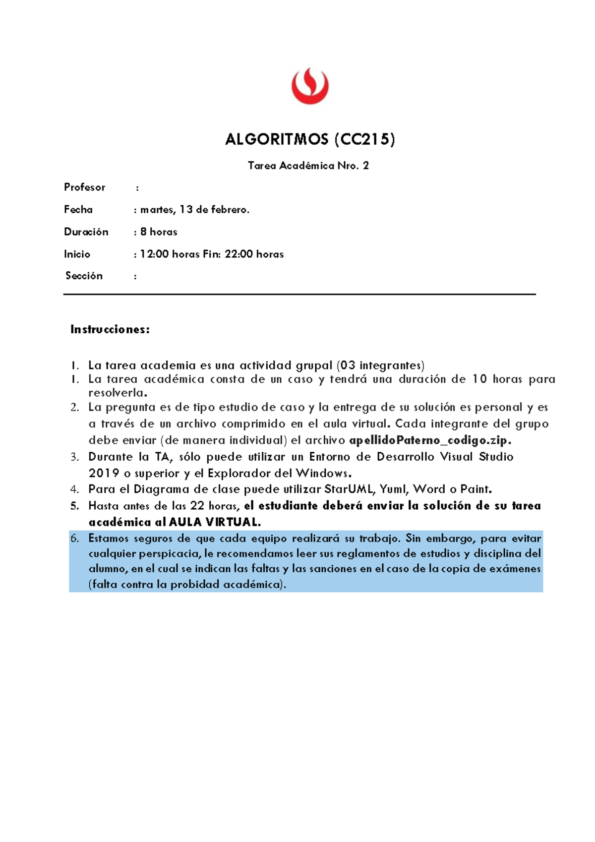 TA1 - 20240 - ALGORITMOS (CC 215 ) ####### Tarea Académica Nro. 2 ...