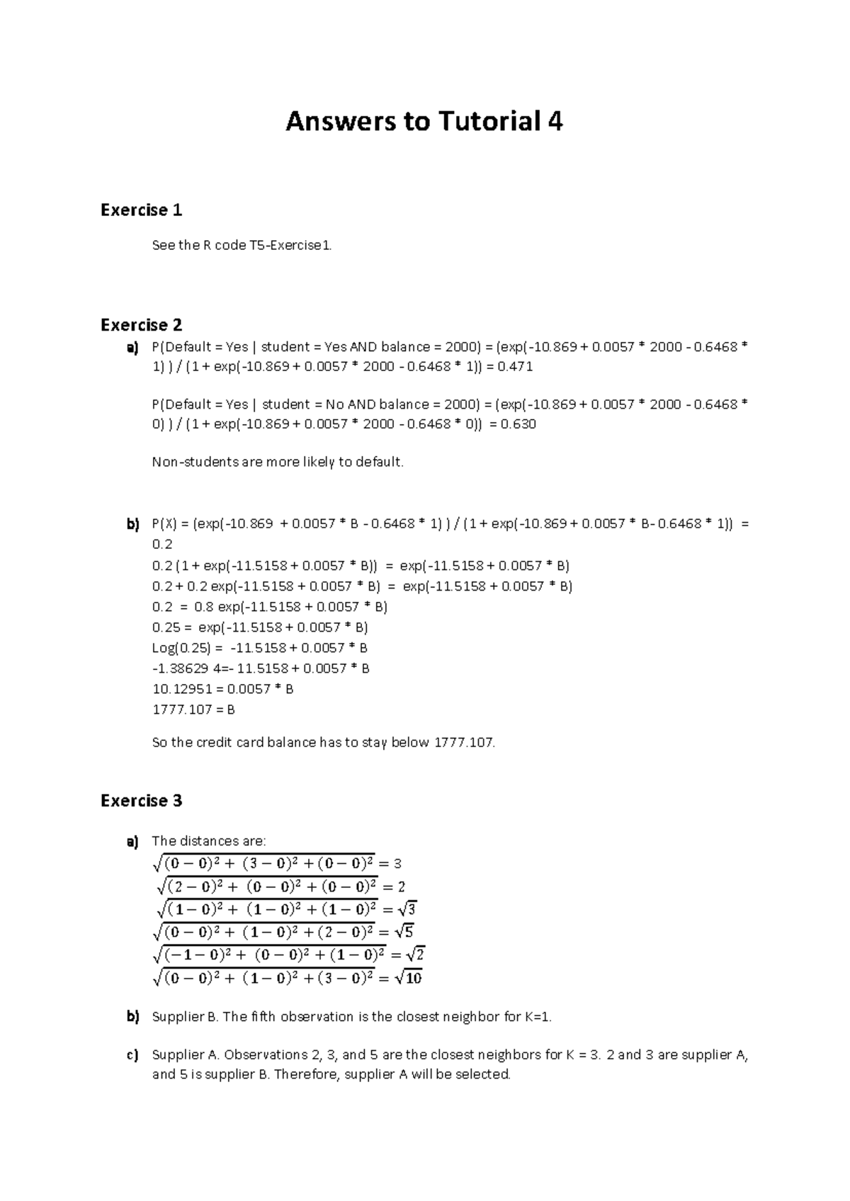 Answers to Tutorial 4 - good - Answers to Tutorial 4 Exercise 1 See the R code T5-Exercise 1 ...