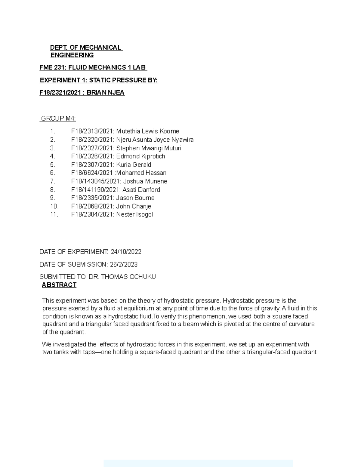 Group M4 LAB Report 1.docx - DEPT. OF MECHANICAL ENGINEERING FME 231 ...