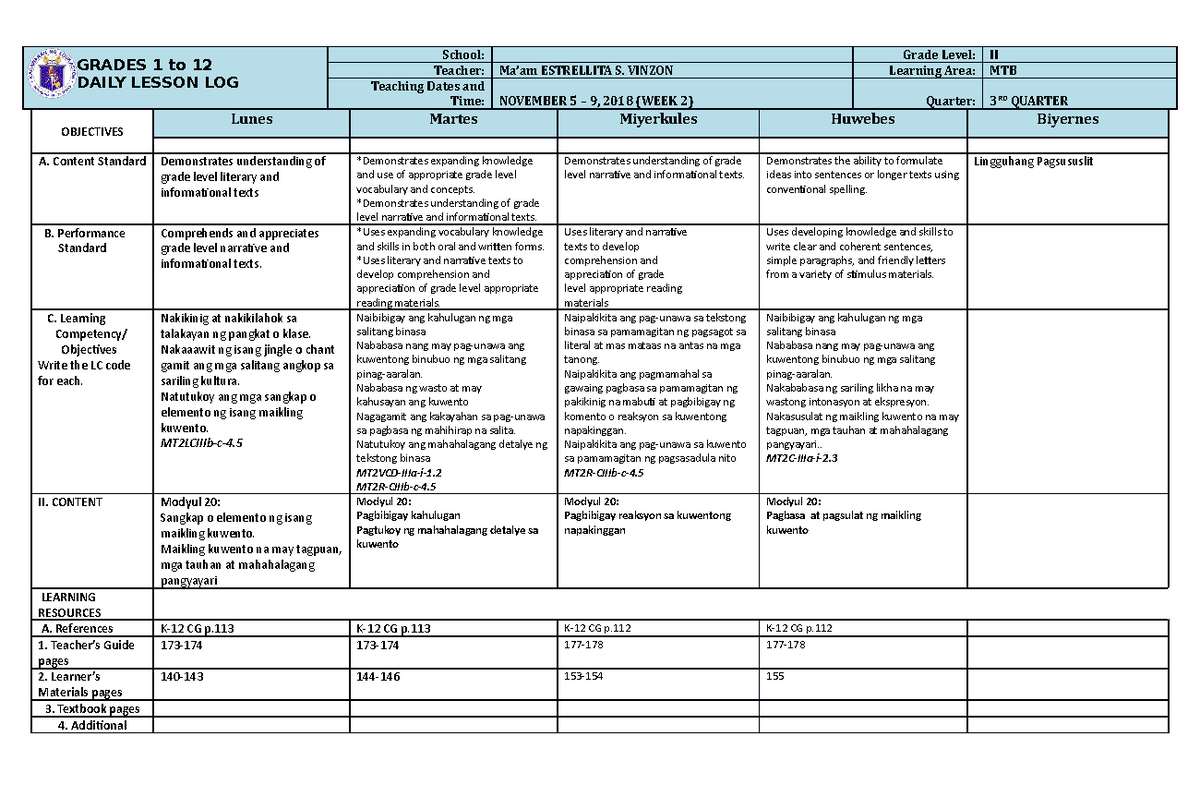 MTB 2 Q3 Week 2 - ggg - GRADES 1 to 12 DAILY LESSON LOG School: Grade ...