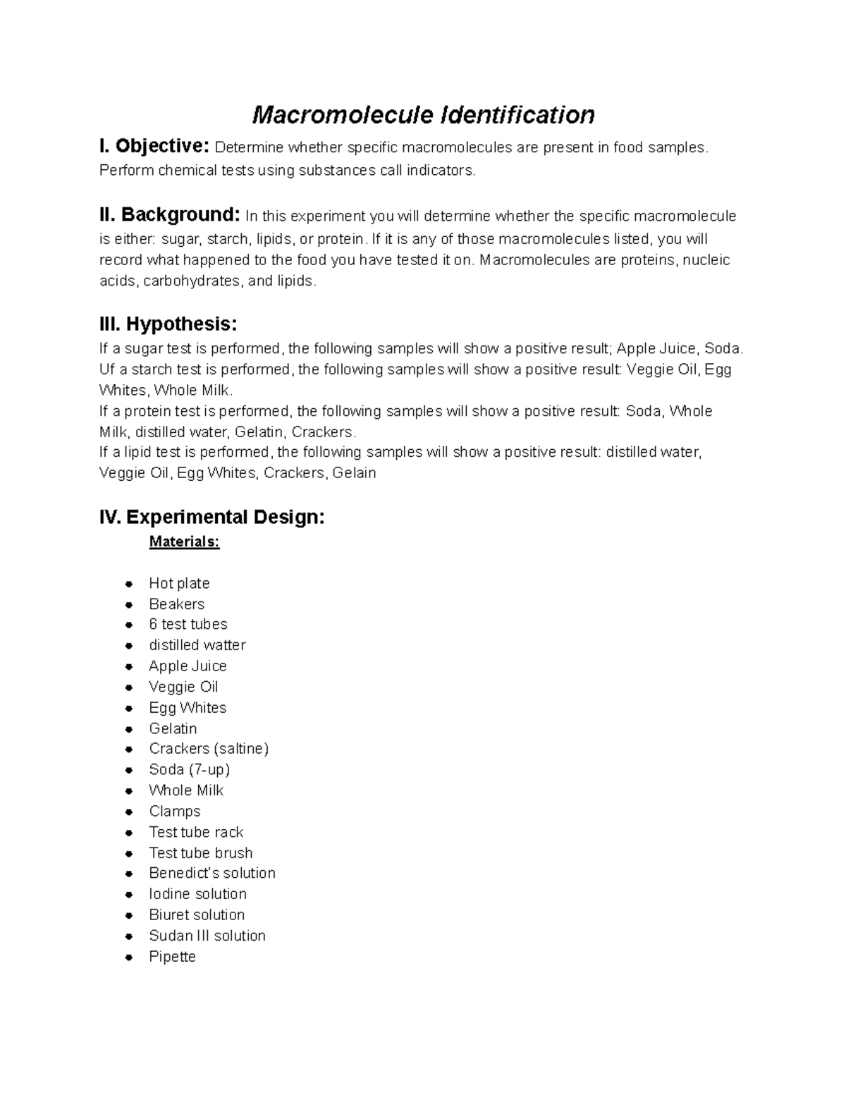 Macromolecule Identification Packet Macromolecule Identification I
