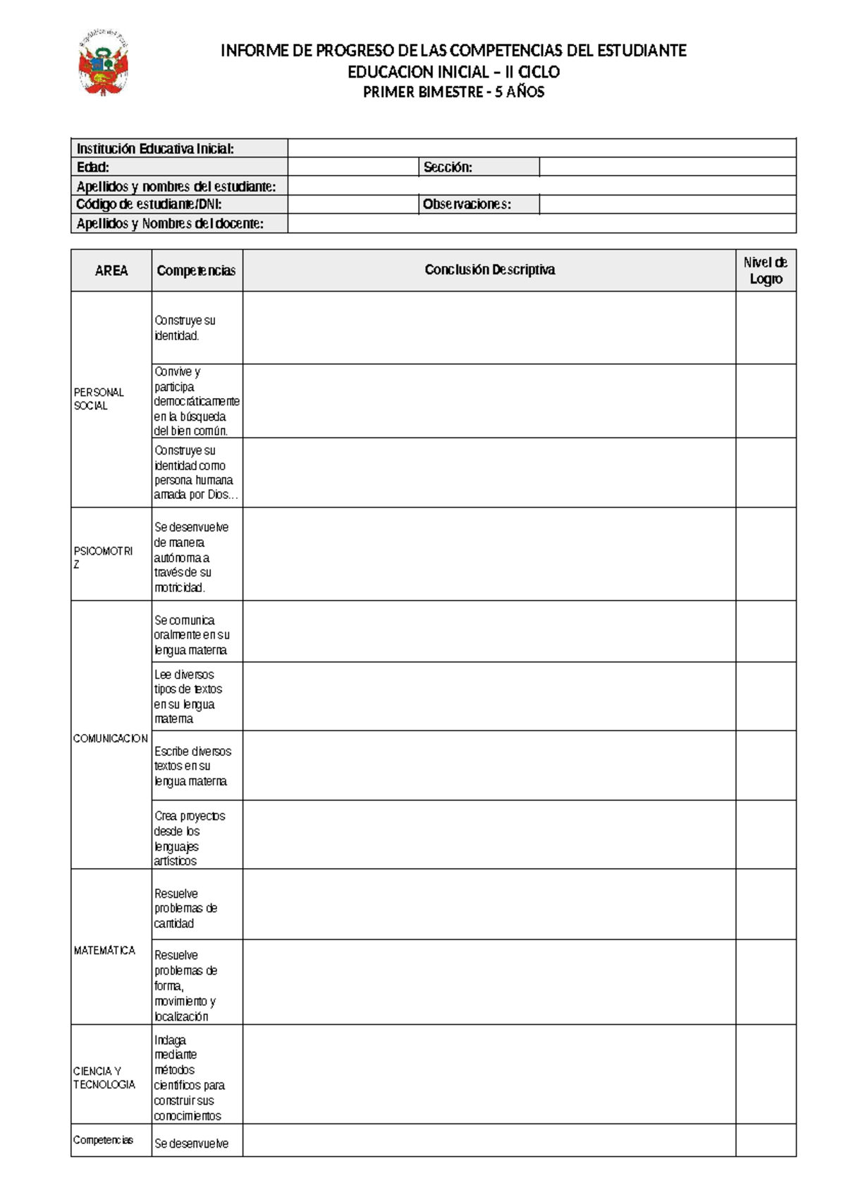 Informe DE Progreso 3,4,5 - INFORME DE PROGRESO DE LAS COMPETENCIAS DEL ESTUDIANTE EDUCACION ...