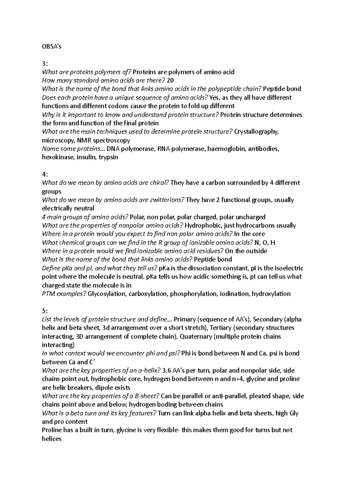 OBSA - OBSA's from lectures and answers - OBSA’s 3: What are proteins ...