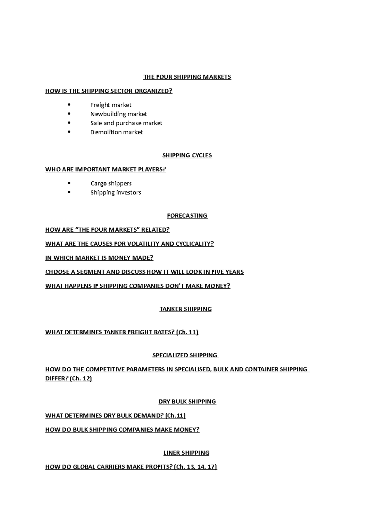 Lecture notes, The four shipping markets - Introduction to Maritime ...