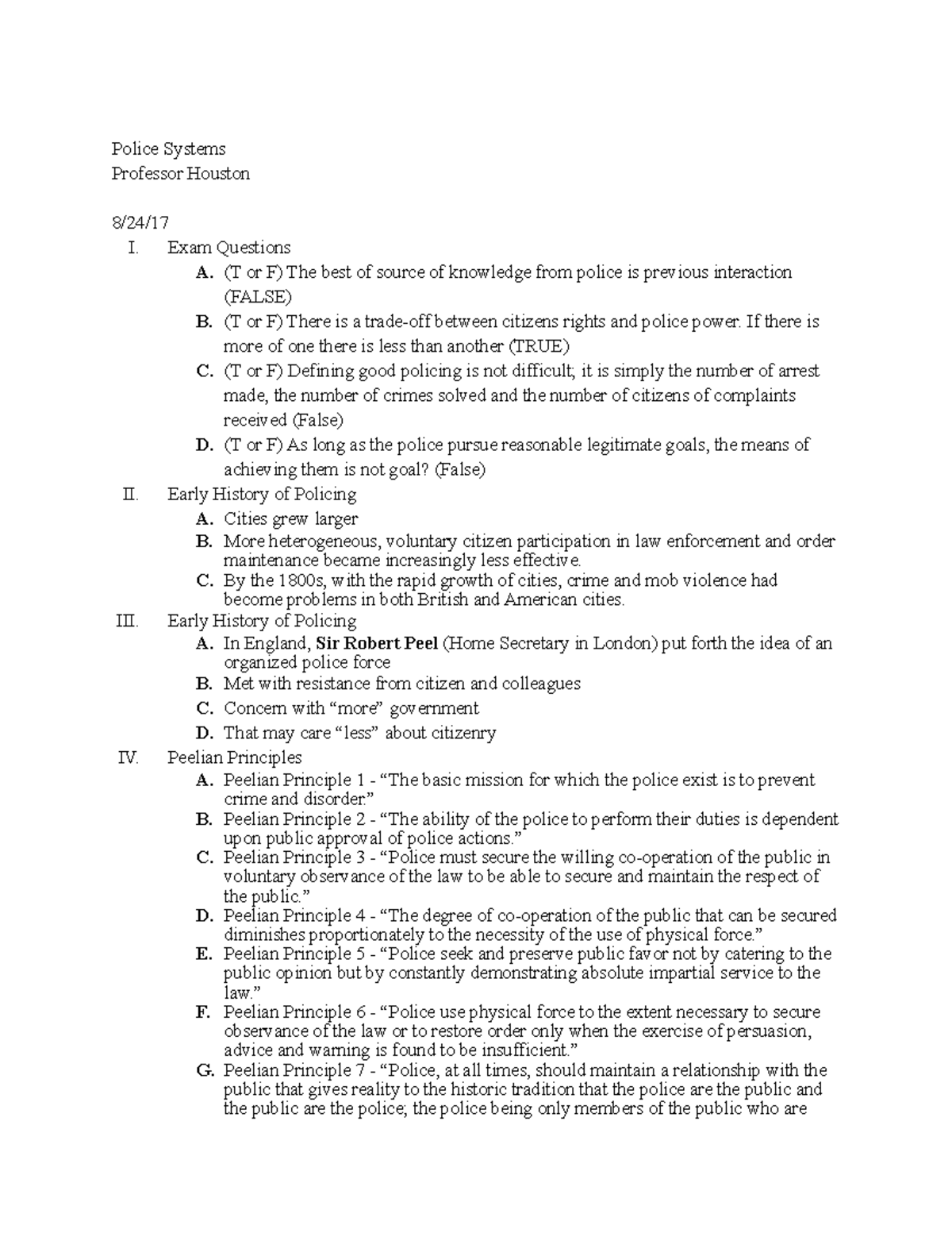 Class Notes Exam One - Police Systems Professor Houston 8/24/ I. Exam ...