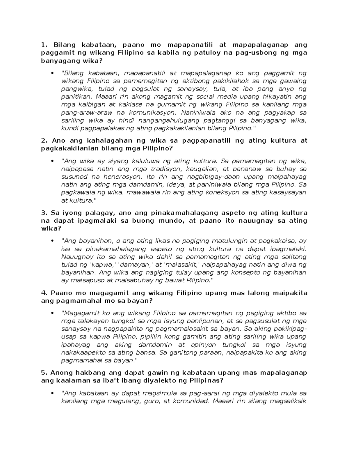 Lakan AT Lakambini Q and A - 1. Bilang kabataan, paano mo mapapanatili at mapapalaganap ang ...