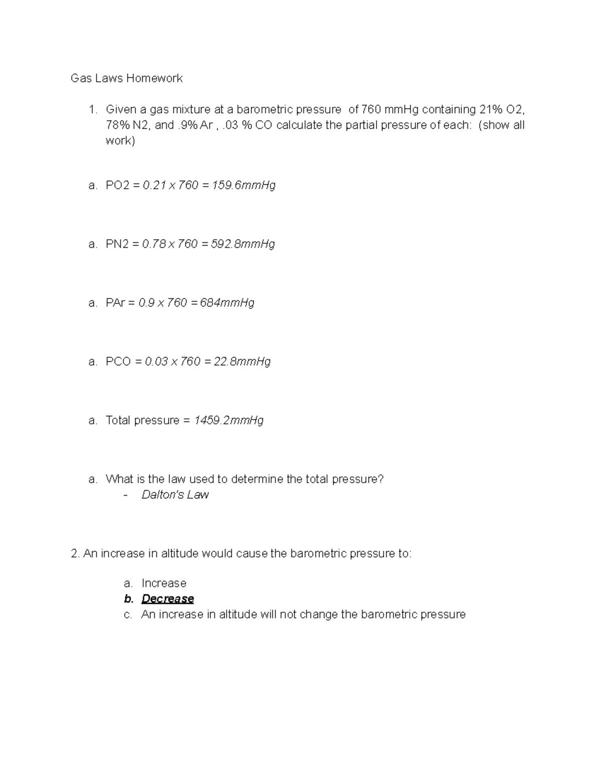 Gas Laws HW - For Karen Griffiths 212 Class - Gas Laws Homework Given a ...