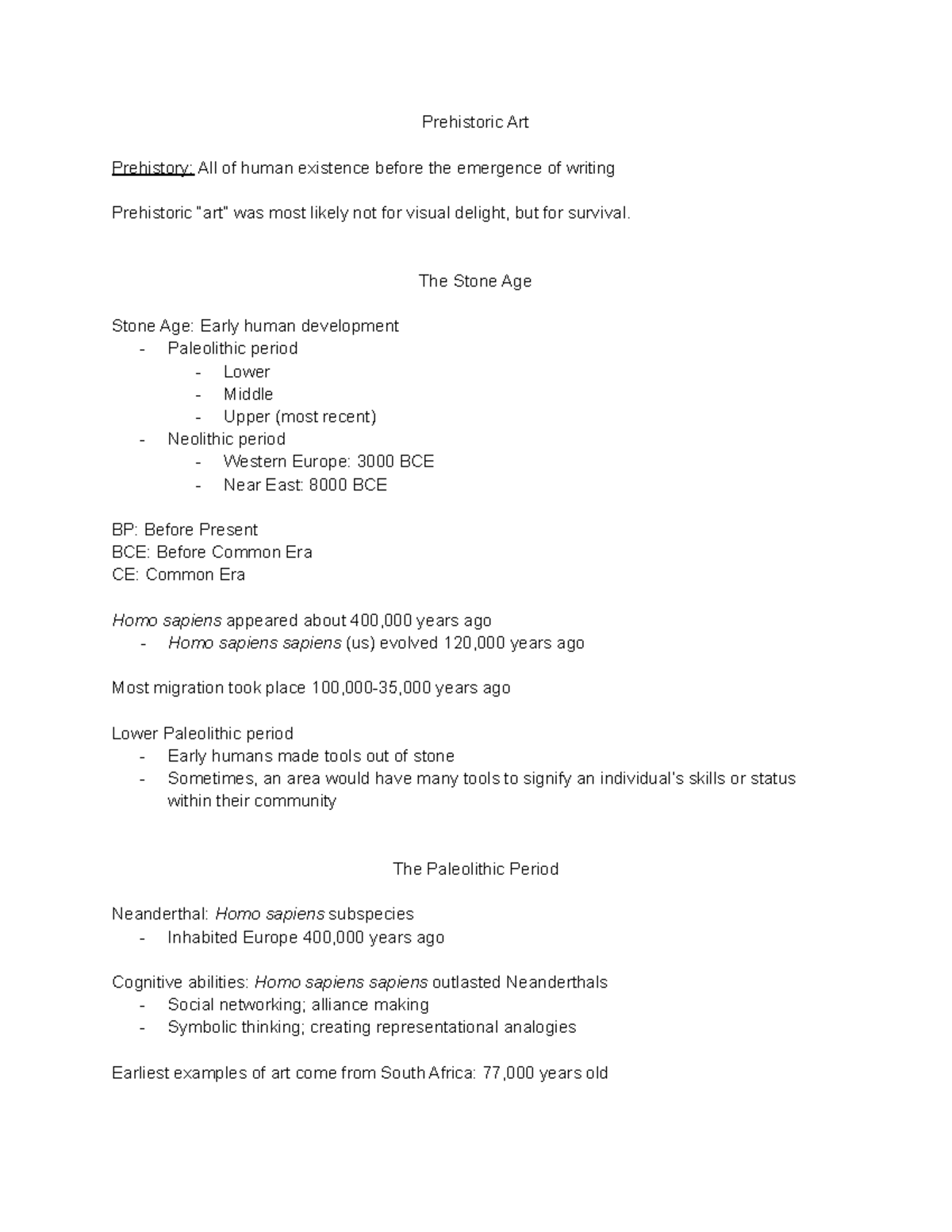 AHST 1303 Notes 1 Prehistoric Art - Prehistoric Art Prehistory: All of ...