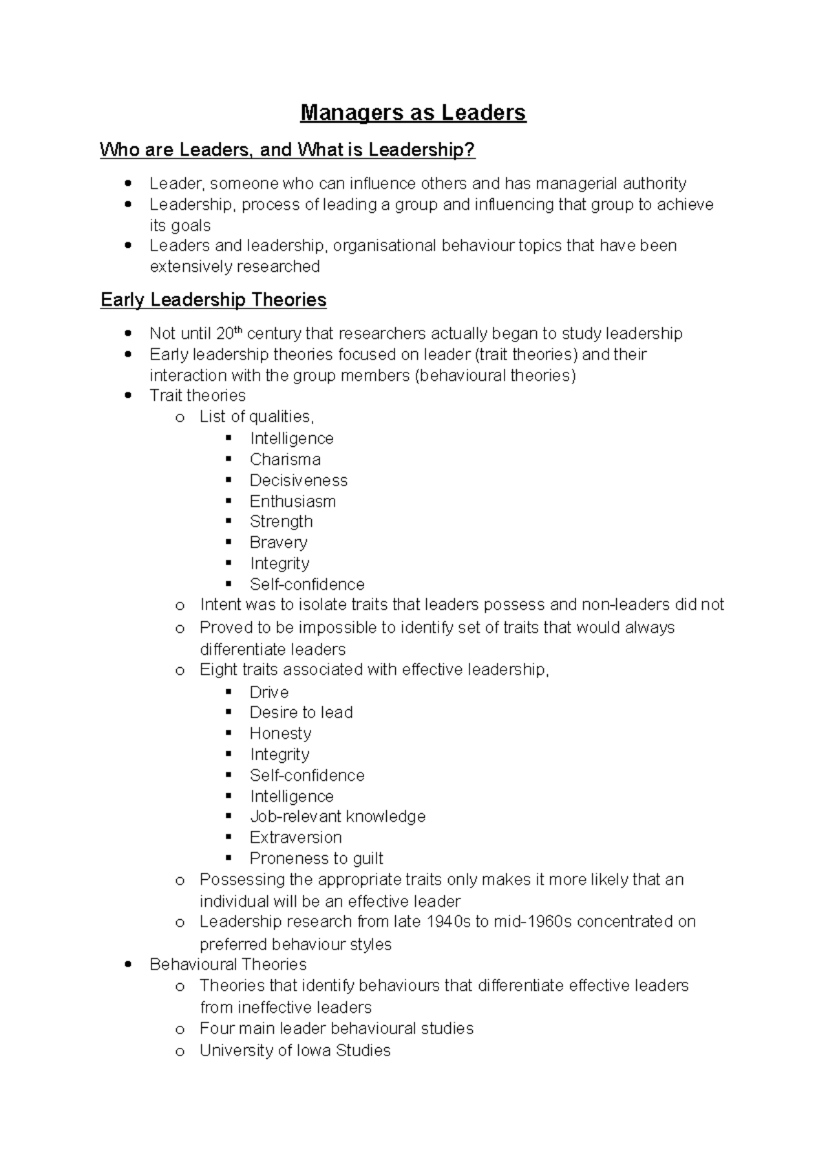 Chapter 18 - Notes - Managers as Leaders Who are Leaders, and What is ...