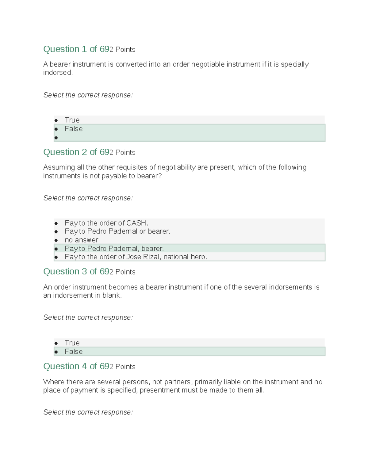 LAW3 Summative LYKA 1 .docx - Question 1 of 692 Points A bearer ...