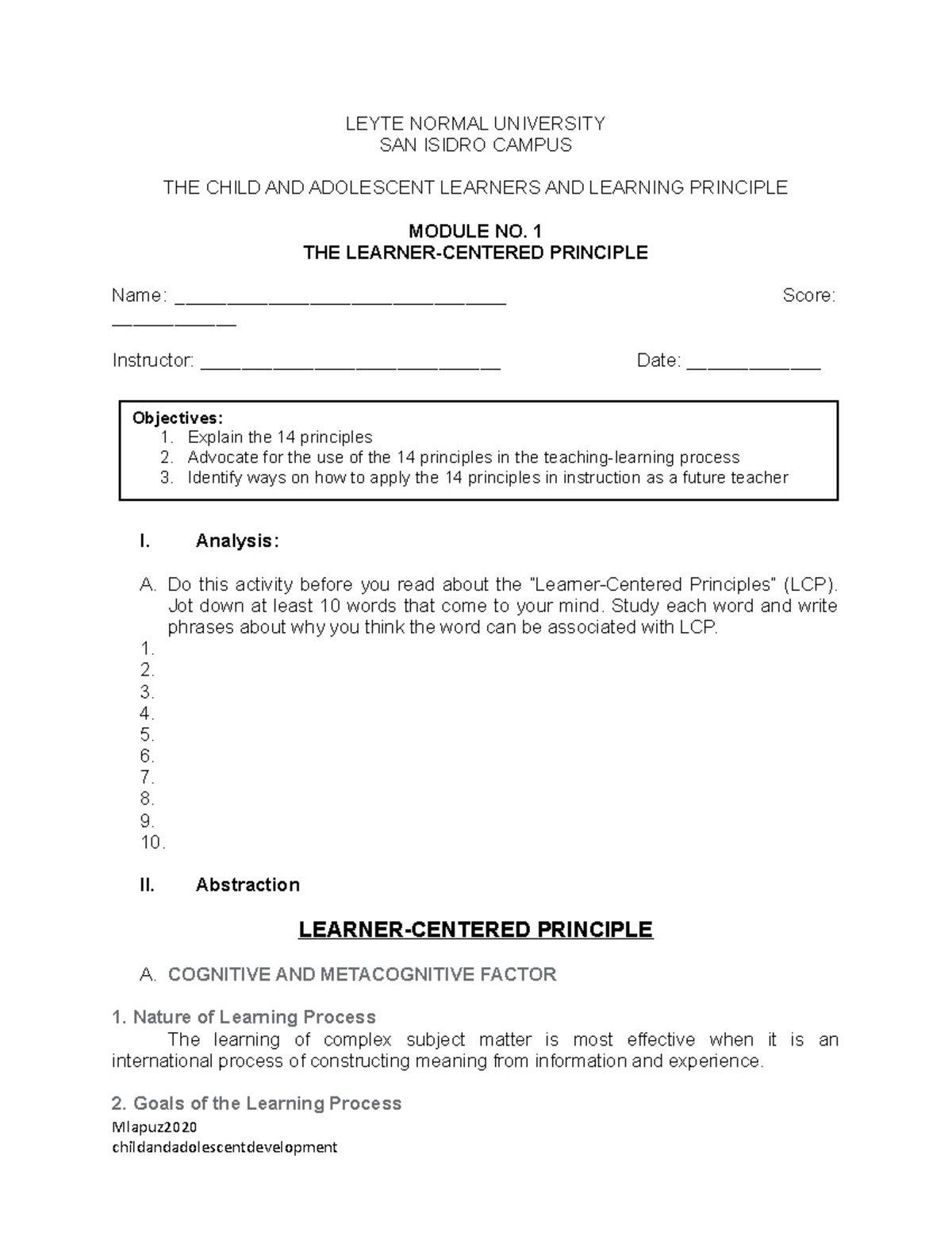 Module 1 Ca D - Lecture notes 1 - LEYTE NORMAL UNIVERSITY SAN ISIDRO ...