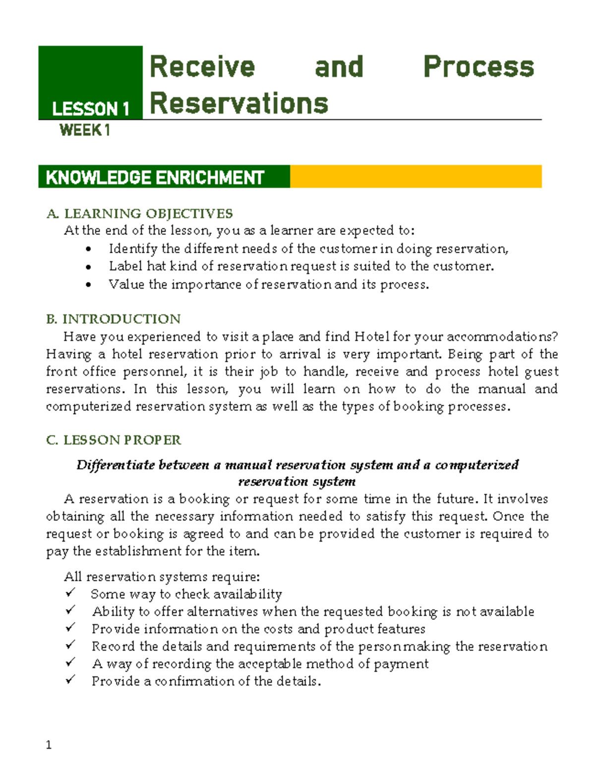 Front office Modules 1-4 - LESSON 1 Receive and Process Reservations ...