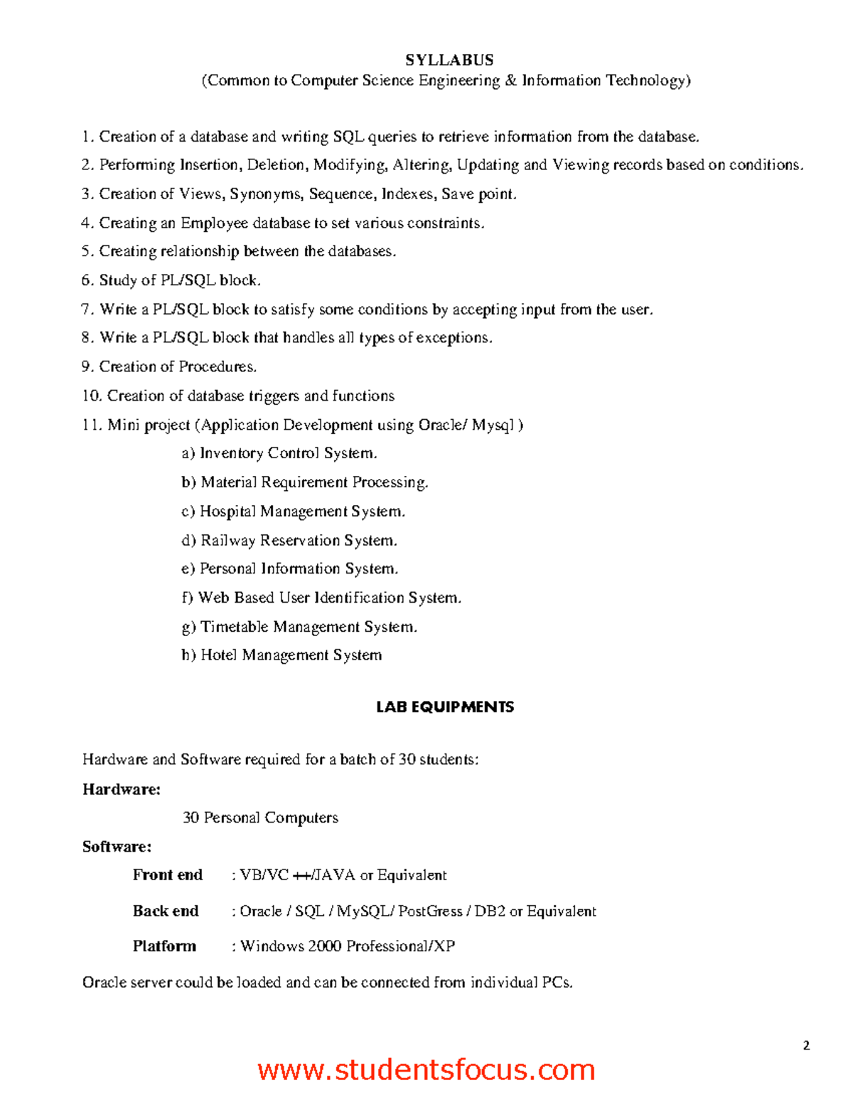 DBMS LAB Manual 2013 regulation - SYLLABUS (Common to Computer Science ...