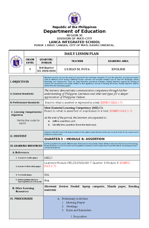 1Q English Grade 7 Lesson PLAN - Detailed Lesson Plan ENGLISH GRDE 7 ...