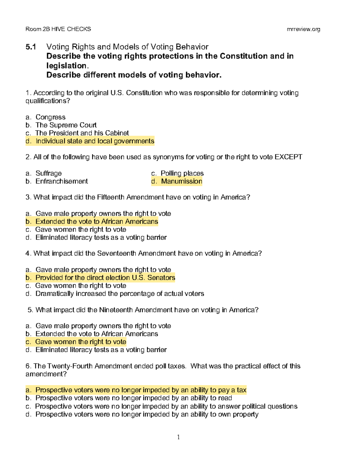 5.1 Voting Rights and Models of Voting Behavior Quiz - Room 2B HIVE CHECKS mrreview 5 Voting ...