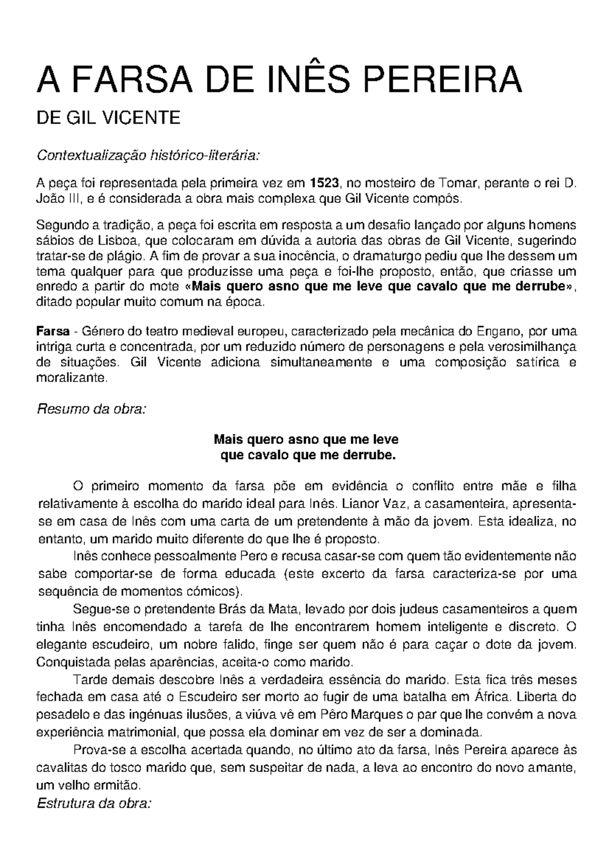 Farsa De Ines Pereira Resumo - RETOEDU