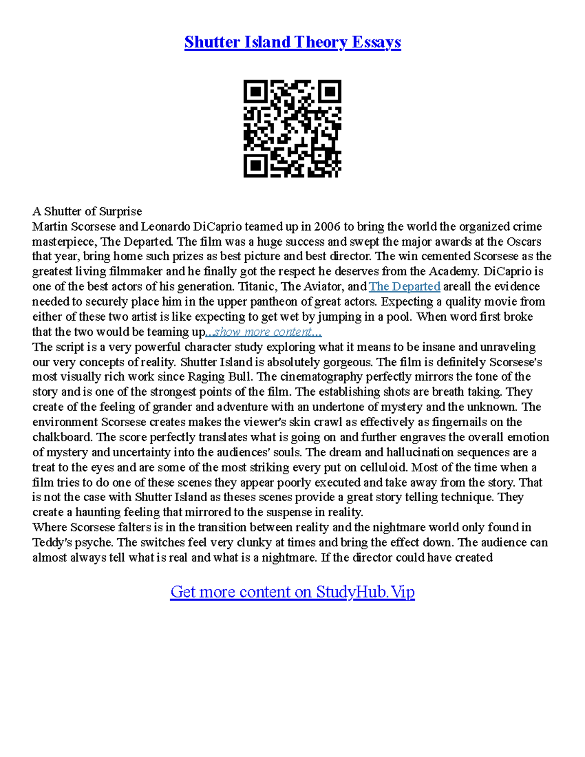 Shutter Island Essay - Shutter Island Theory Essays A Shutter of Surprise Martin Scorsese and ...