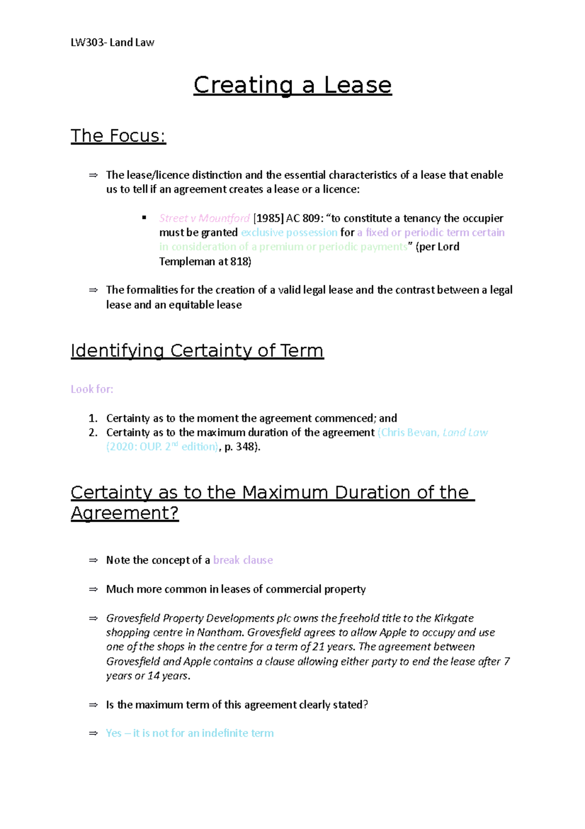 Creating a Lease - lecture notes - LW303- Land Law Creating a Lease The ...