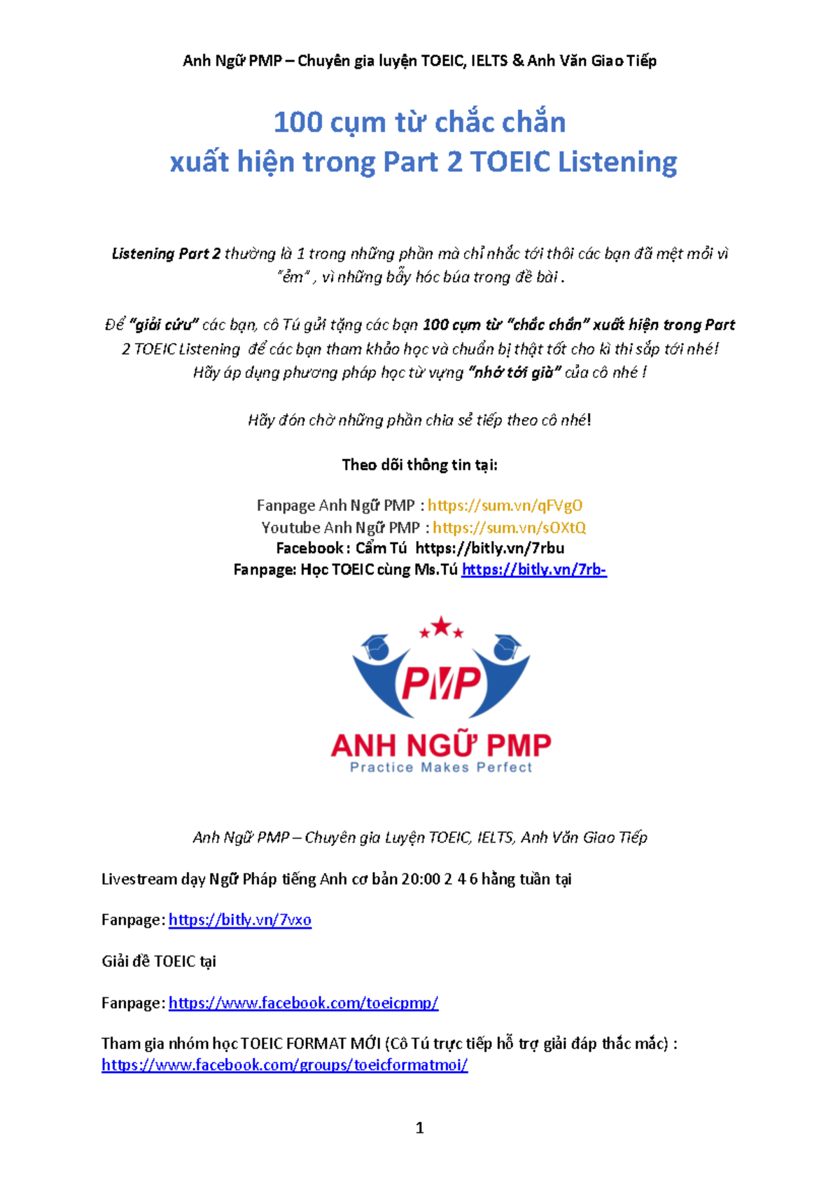 100 cụm từ chắc chắn xuất hiện trong Part 2 - 100 cụm từ chắc chắn xuất hiện trong Part 2 TOEIC ...