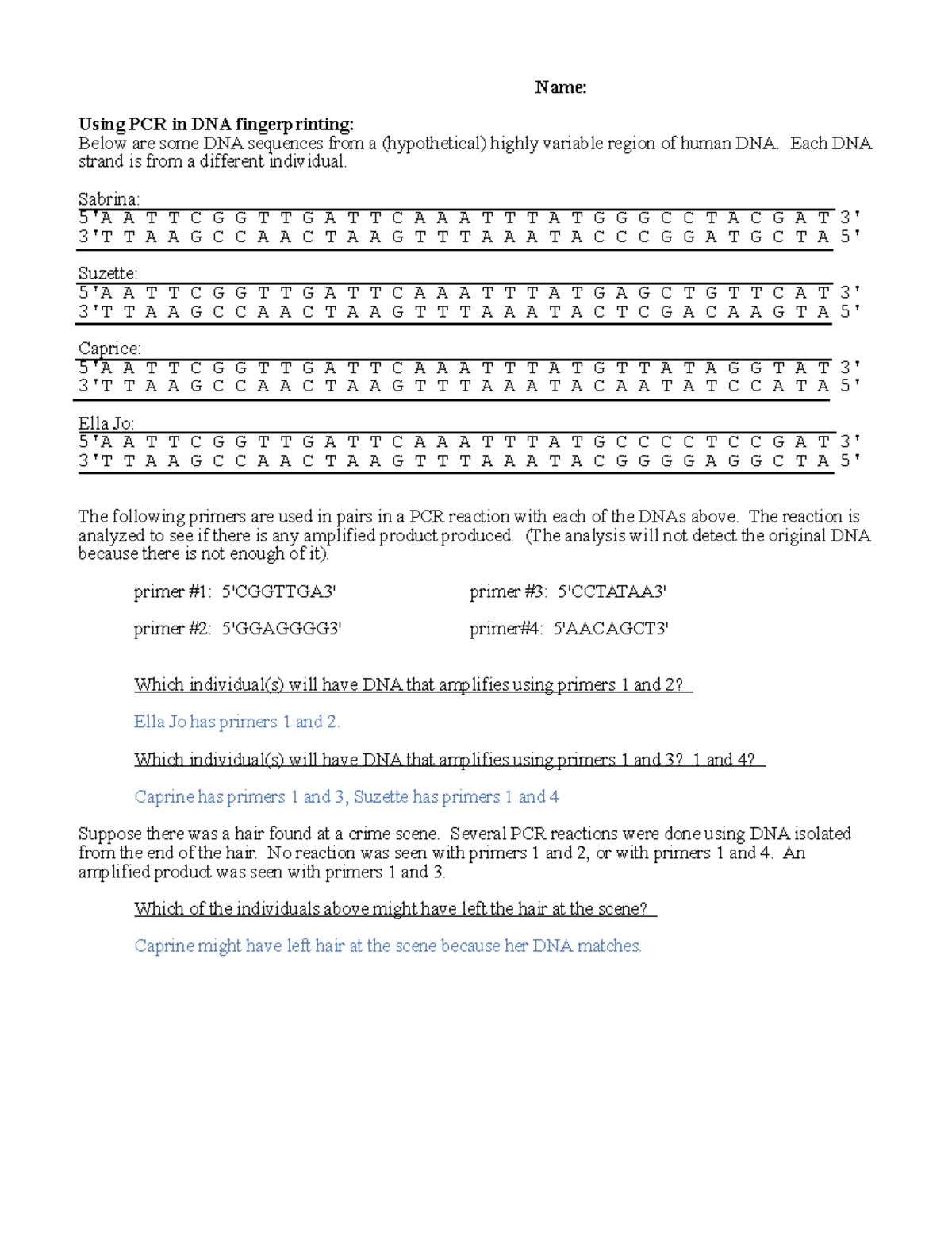 DNA Fingerprinting Worksheet - Name: Using PCR in DNA fingerprinting ...