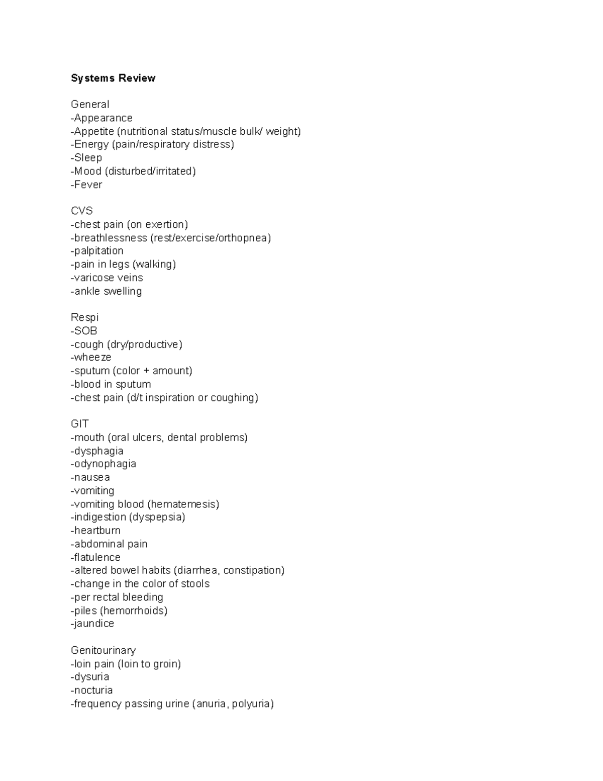 MBBS OSCE Notes - Systems Review General -Appearance -Appetite ...