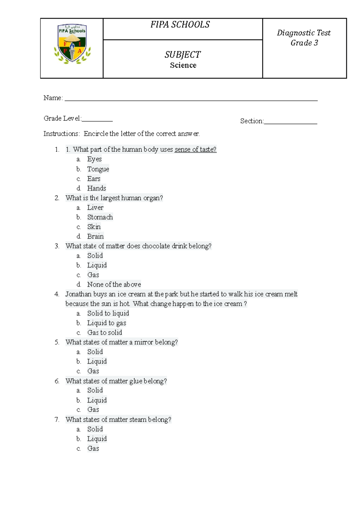 Diagnostic Test- Science 3 - FIPA SCHOOLS Diagnostic Test Grade 3 ...