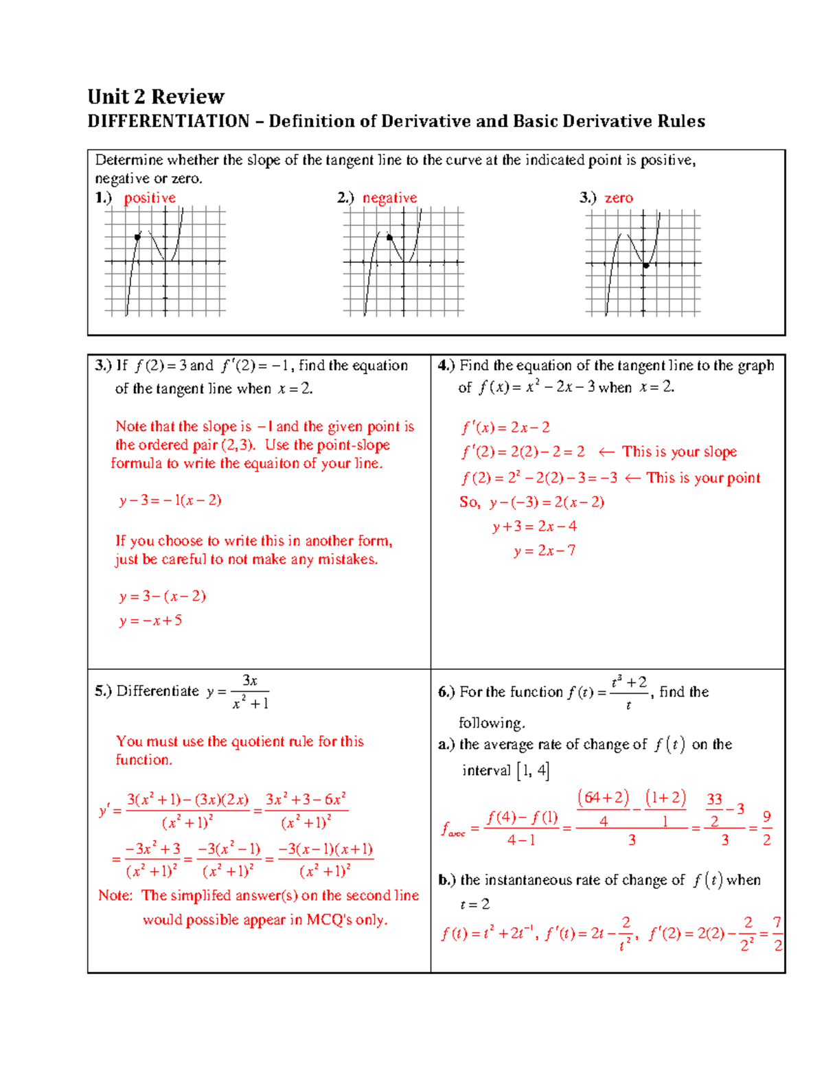 Unit 2 (Topics 2.1-2.10) Review - Solutions - Unit 2 Review DIFFERENTIATION – Definition of ...