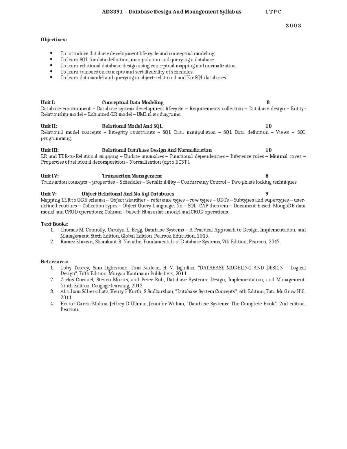 AD3391 Syllabus - AD3391 – Database Design And Management Syllabus L T ...