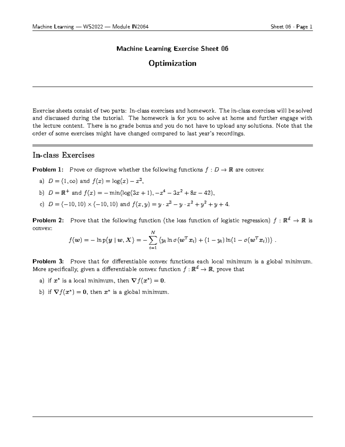 Exercise 06 optimization - Machine Learning — WS2022 — Module IN2064 Sheet 06 · Page 1 Machine ...